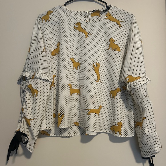 Zara | Tops | Zara Polka Dot Dachshund Dog Print Blouse With Ruffle ...